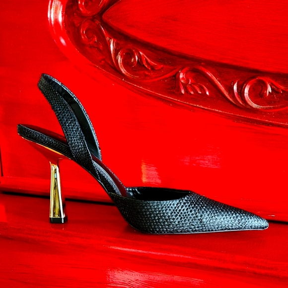 Zara | Shoes | Zara Woven Raffia Metallic Gold Slingback Heels | Poshmark